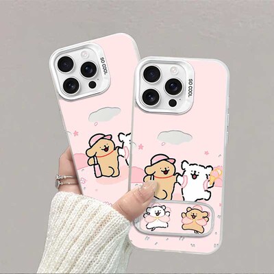 16ProMax卡通14PLUS彩银硬苹果15带镜子支架一加13T郊游线条小狗适用iPhone12可爱手机壳高级感真我NEO7TURBO
