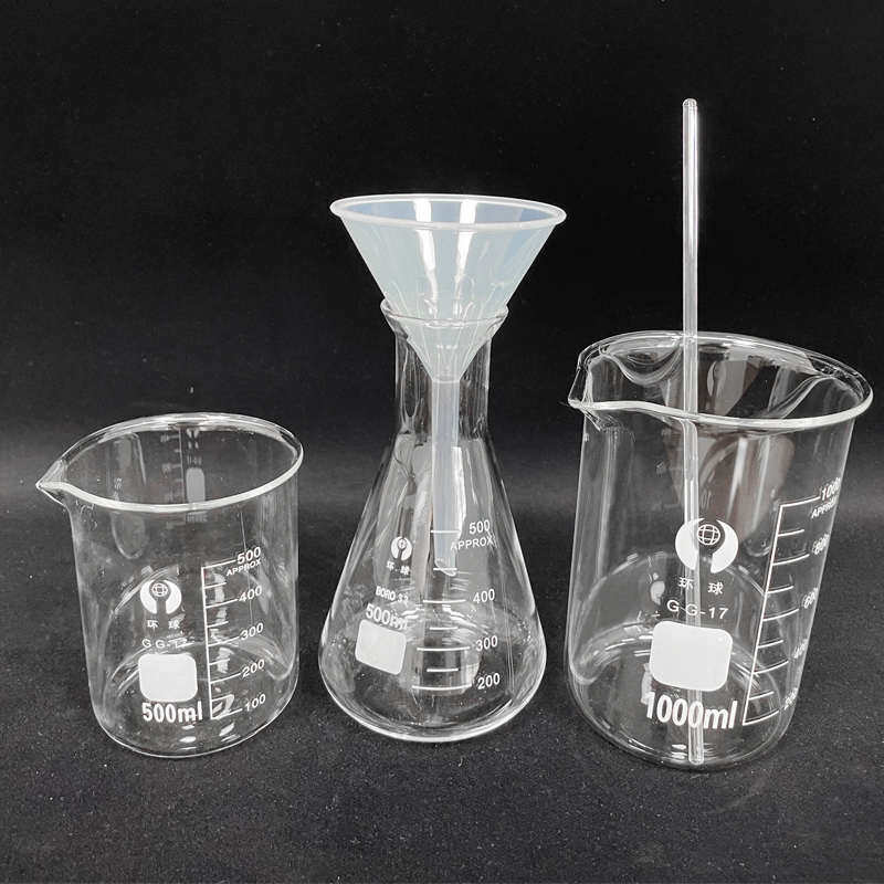 烧杯500ml*1+1000ml*1+三角瓶500ml+玻璃棒 +塑料漏斗90mm(28)