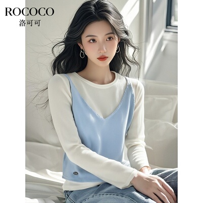 ROCOCO/洛可可绵羊毛圆领打底上衣秋季新款叠穿V领背心套头针织衫
