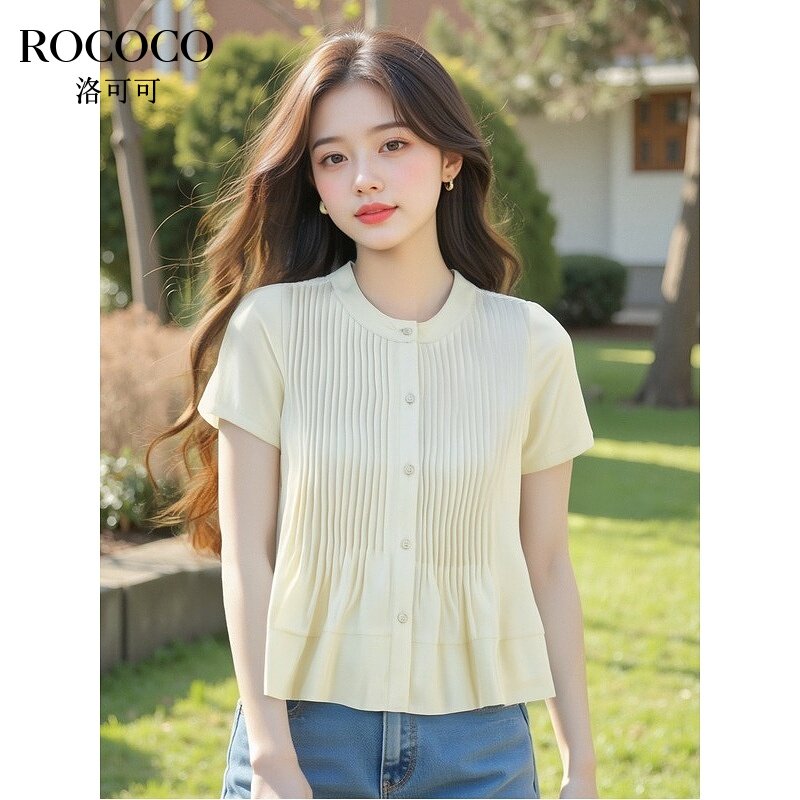 ROCOCO/洛可可莱赛尔短袖衬衫女2025夏季新款设计感压褶圆领上衣