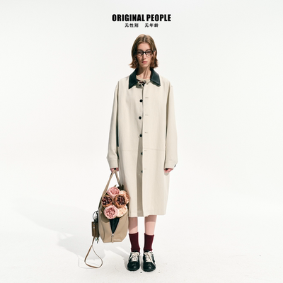 ORIGINAL PEOPLE设计感经典拼皮慵懒复古风宽松天丝垂感长款风衣