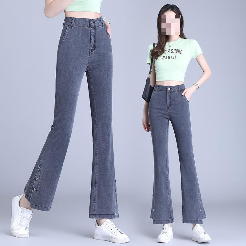 天丝牛仔微喇裤女夏季新款高腰显瘦薄款冰丝开叉鱼尾喇叭裤