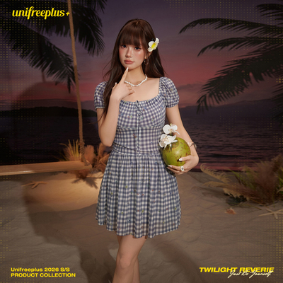 UNIFREEPLUS大码方领格纹连衣裙