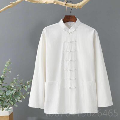 正品中国中风唐装男中老年麻盘扣长袖秋打底衫修服式复古亚麻棉汉
