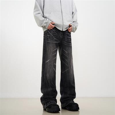 KISKO高街美式闪电纹水洗黑色牛仔裤男潮牌直筒显瘦cleanfit裤子