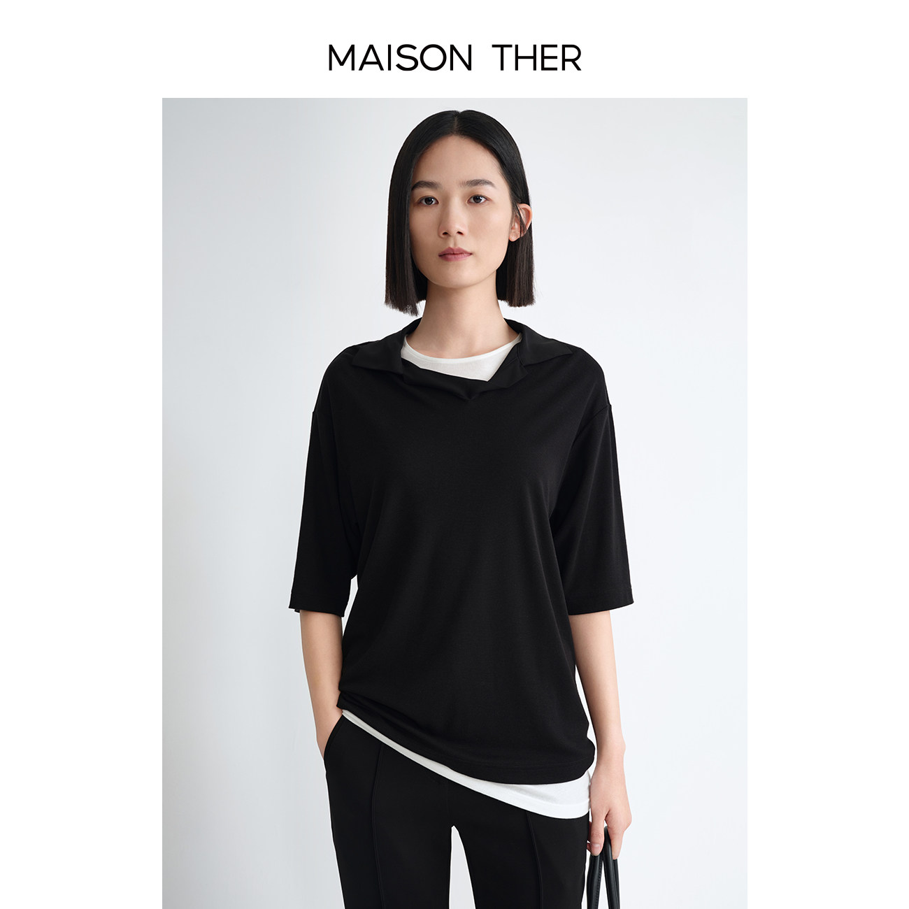 MAISON THER 刚需2025女士春夏新款铜氨丝拼接天丝羊毛混纺POLO衫