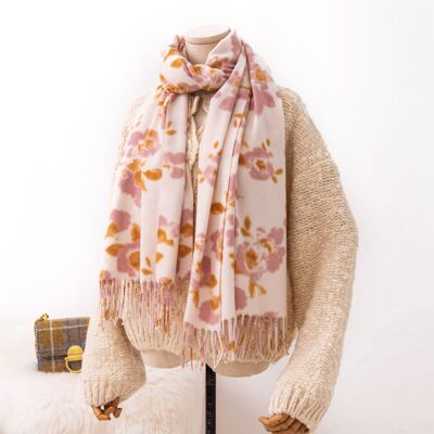 Shawl Scarf春秋围巾粉色花卉印花仿羊绒围巾温柔风感感流苏披肩