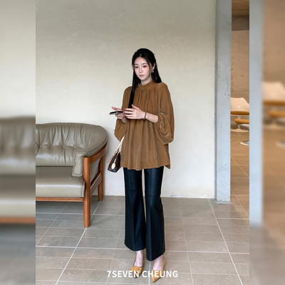 张七七 复古显瘦裤子女2026垂感高腰显瘦微喇百搭气质休闲皮裤