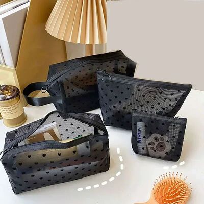 Nylon Mesh Cosmetic Bag Zipper Heart Shaped Toiletry Organiz