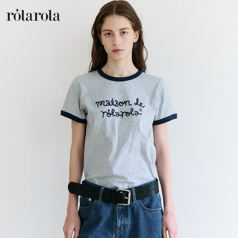 [张元英徐永恩同款]ROLAROLA短袖美式复古修身百搭T恤刺绣
