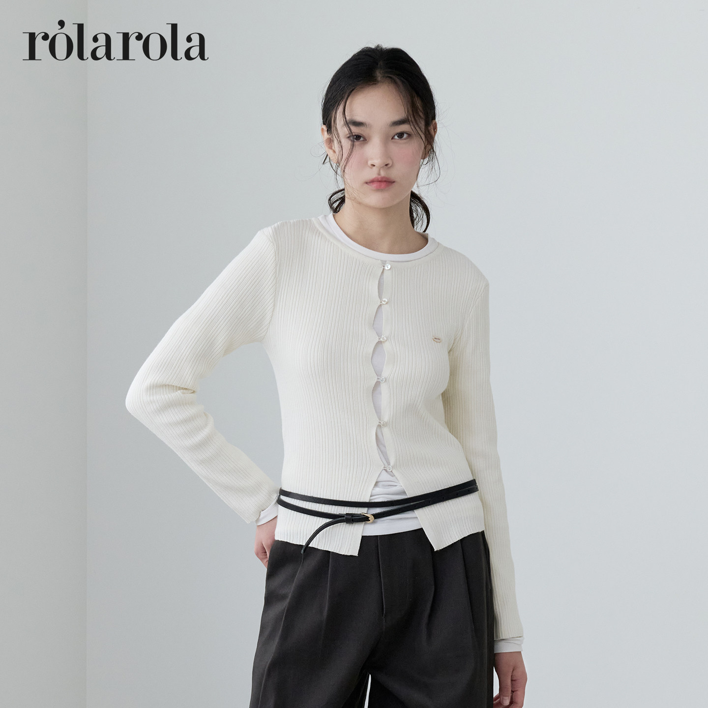 ROLAROLA新款圆领修身罗纹针织开衫女设计感毛衣内搭上衣