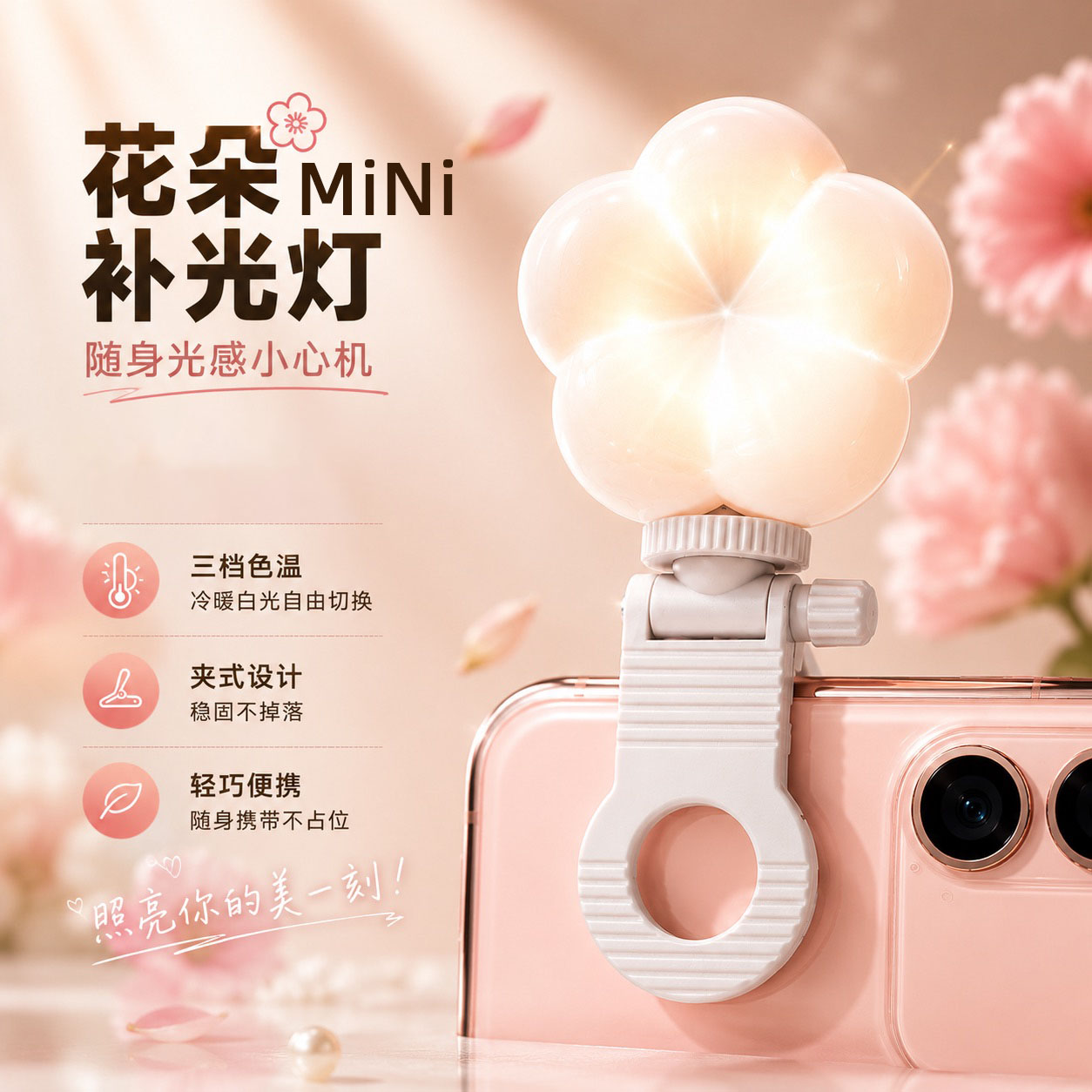 迷你便携式自拍花朵补光灯摄影手机直播Vlog拍摄打光灯探店氛围灯小巧灯户外手持专业柔光灯口袋美颜灯自拍灯