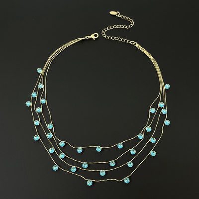 Vintage古着 Gold multilayer blue rhinestone necklace项链