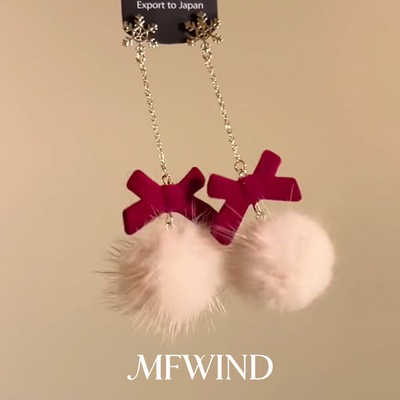 甜美红色蝴蝶结毛球耳环可爱小众