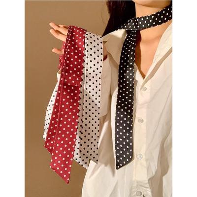 百搭波点丝巾女细长条2025新款春夏黑白色丝带系脖高级感领巾飘带