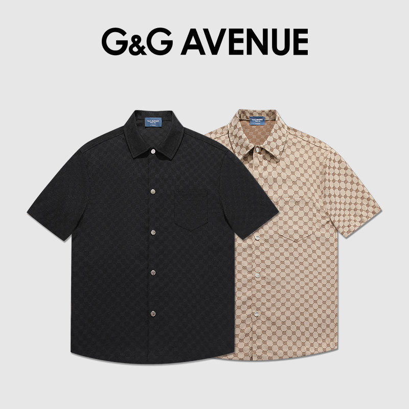 法国G&G AVENUE夏季新款短袖衬衫男时尚轻奢潮牌满印提花翻领短袖