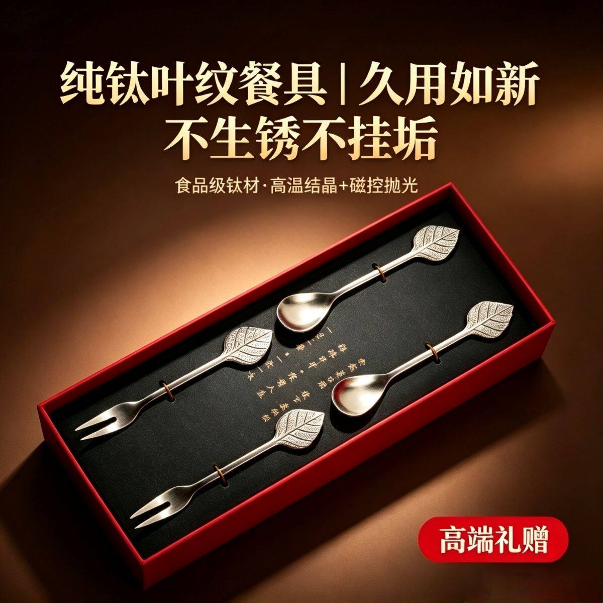 纯钛咖啡勺子家用高档精致高颜值搅拌勺甜品勺子叉子套装礼盒装