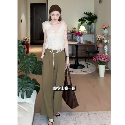 向晚意 STUDIO 女装时尚仙气荷叶边上衣高腰简约阔腿休闲裤两件套