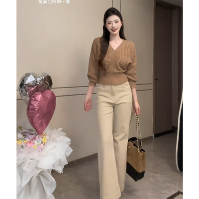 Wannvy Up韩系温柔风穿搭套装秋款v领毛衣修身长裤显瘦百搭两件套