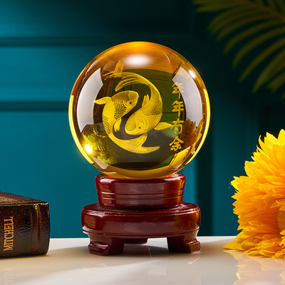 水晶球装饰摆件内雕鱼年年有鱼工艺品客厅摆台送礼乔迁家居饰品