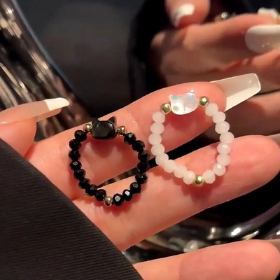 黑白猫咪可爱戒指水晶贝壳情侣小众设计感男女爆款礼物学生送闺蜜