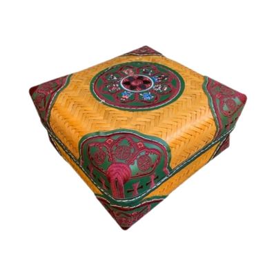 刺绣中式藏式竹编干粮盒茶叶篮子方形收纳藏方型藏族带盖编织筐