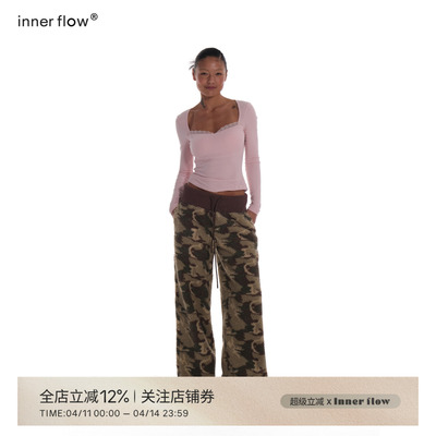INNERFLOW 春季磨毛蕾丝打底衫女粉色带胸垫修身百搭上衣长袖t恤