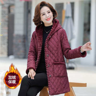 【台格秋冬季时尚妈妈装中年女装连帽中长款棉服棉衣外套女