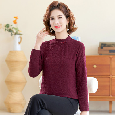 台格春秋T恤时尚设计感妈妈装中老年装立领提花舒适长袖打底上衣