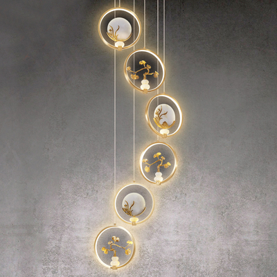 楼梯吊灯长吊灯全铜玉石新中式简约别墅复式楼旋转挑空