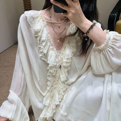 法式蕾丝宽松显瘦长袖衬衫上衣女