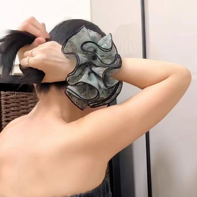 复古碎花暗夜绿双层发圈女百搭气质扎发头饰丸子马尾发绳