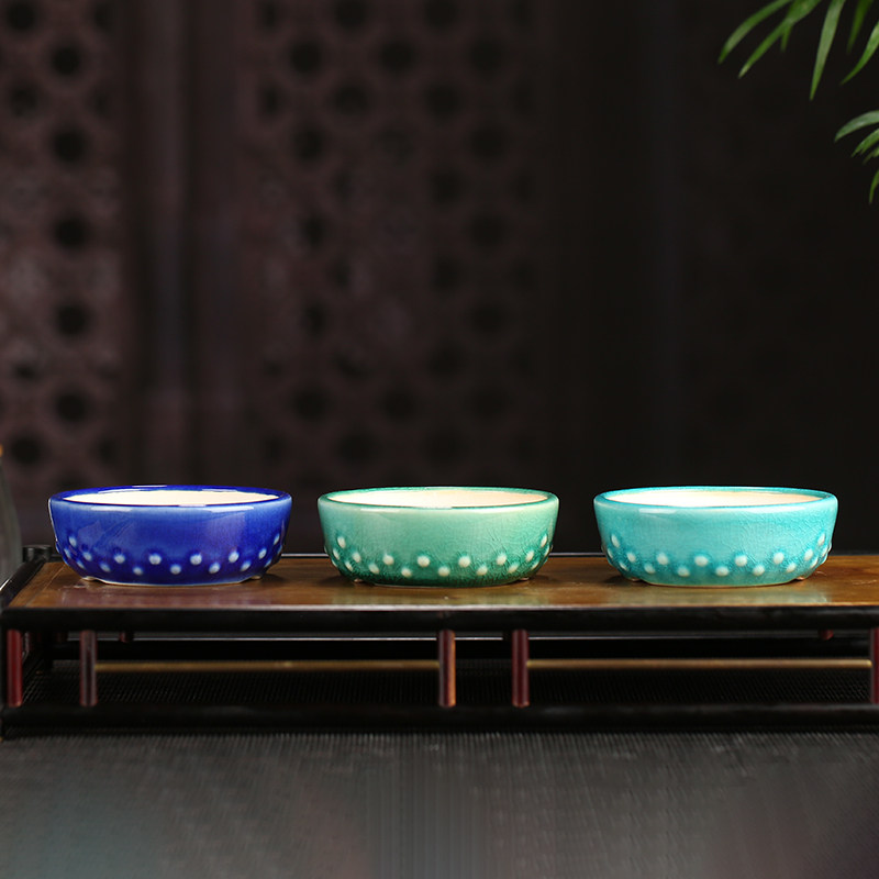 宜兴精品釉水紫砂花盆仿古迷你冰裂纹圆形鼓丁创意桌面装饰YWX02