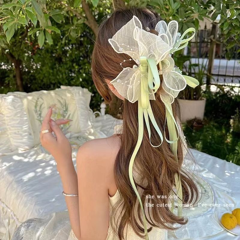 甜美可爱鲨鱼夹后脑勺发卡头饰森系蝴蝶结飘带抓夹少女心盘发抓夹