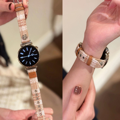 【秋冬山茶花细款毛呢】适用华为GT6/GT5皮质表带Watch5华为高级gt4FIT4牛皮Fit3/GT3gt2智能OPPOWatchX2Mini