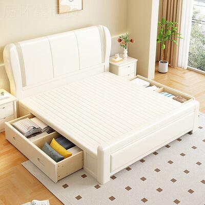 #白色全实木床胡桃约8木简现代主卧大床1.5米厚80131双人床1.加米