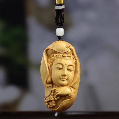 黄杨木雕木质手把件汽车挂件挂饰平安把玩文玩南海观音菩萨头像