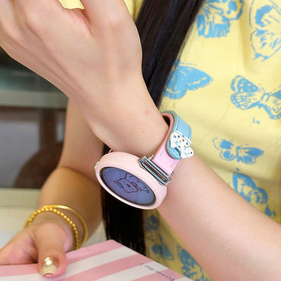 适用OPPOX2mini手表4pro手表带女立体彩色波点小狗皮质创意双钉扣