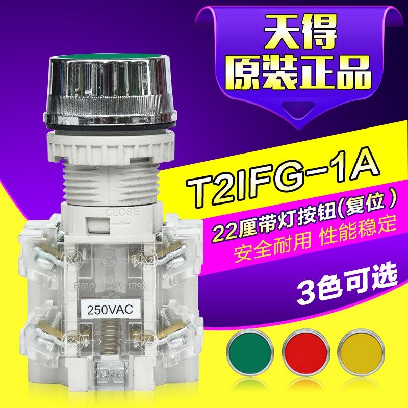 原装正品天得tend带灯平头按钮开关T2IFG-1C22mm带灯复位启动开关