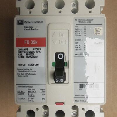 Eaton Cutler FD FD3200L 3 Pole 200 Amp 600V Red label Circui