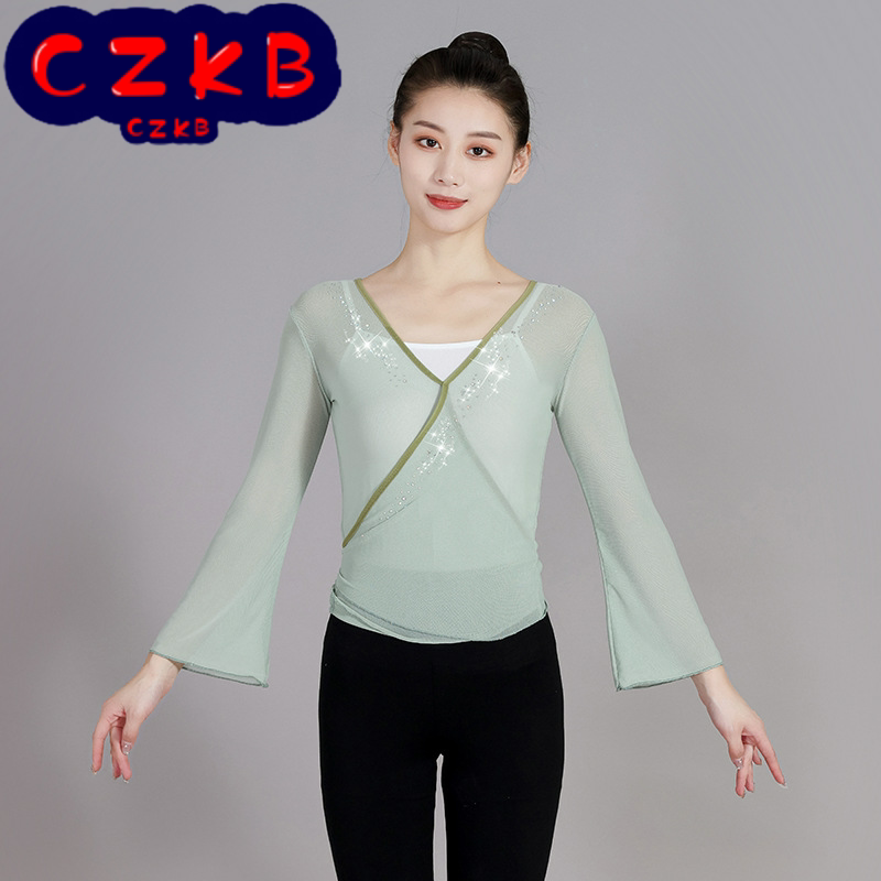 古典舞蹈艺考演出服女上衣长袖身韵弹力纱衣系带基训芭蕾练功服