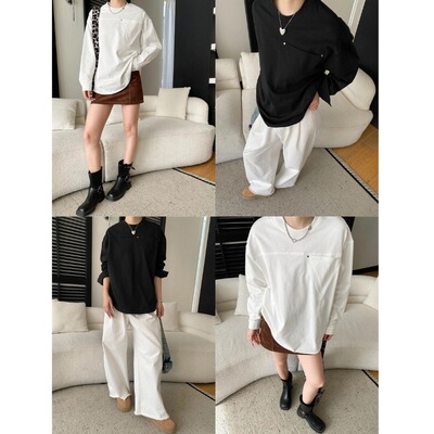 司南 早春新款 小众设计感三角口袋圆领宽松全棉长袖T恤 SN8601