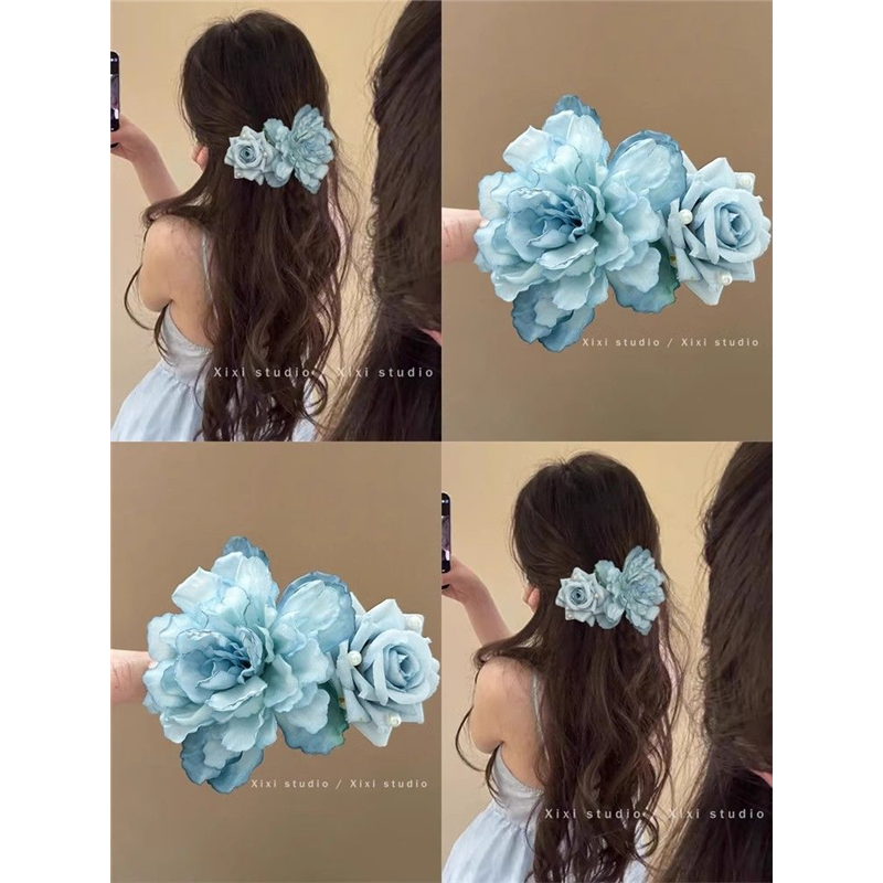 春日新款渐变蓝花朵懒人夹设计感仿真花朵后脑勺盘发发抓头饰女