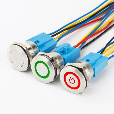 25MM金属带灯按钮防水自复位启动按钮开关6v12V24v220v不锈钢304