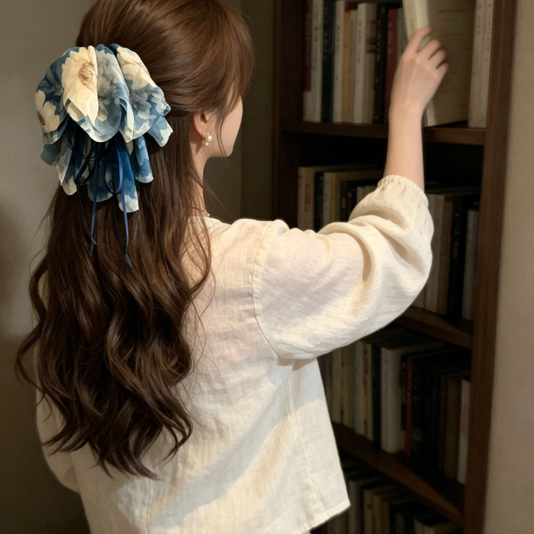 秘韵生花~复古蓝色花朵马尾夹高级感森系飘带抓夹民族特色服配女