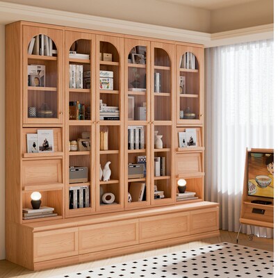 实木卡座书柜樱桃色书柜一体整墙去客厅化展示柜带玻璃门满墙