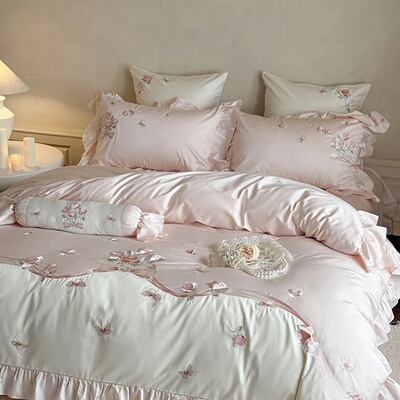 Rose Flowers Embroidery Ruffles Princess Egyptian Cotton Pi