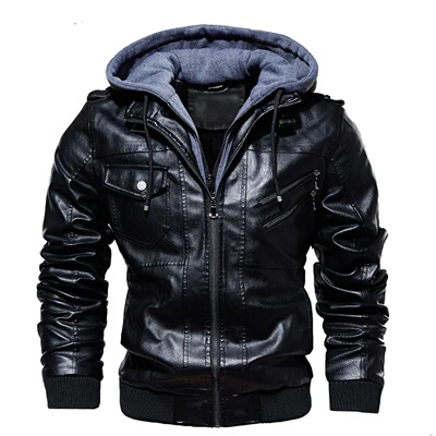 Men's PU Leather Jacket Autumn and Winter Plush Fleece Hood