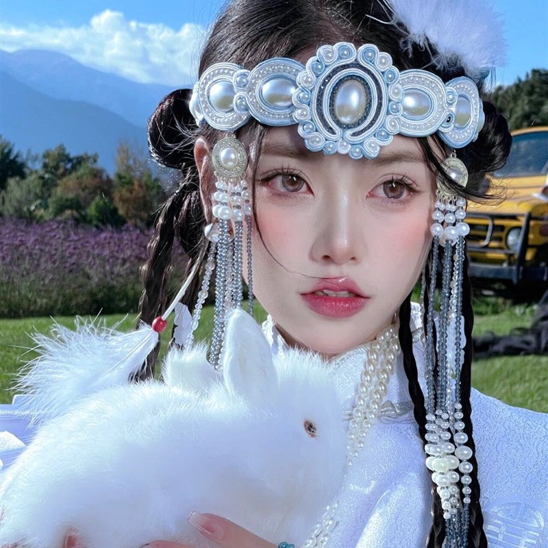 蒙古族头饰女款纯手工布艺编织线藏族民族风特色发饰新娘发饰品