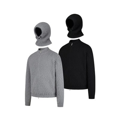 OKINE/短版合身双拉链分帽针织衫貂毛氛围感开衫男女中性毛衣外套